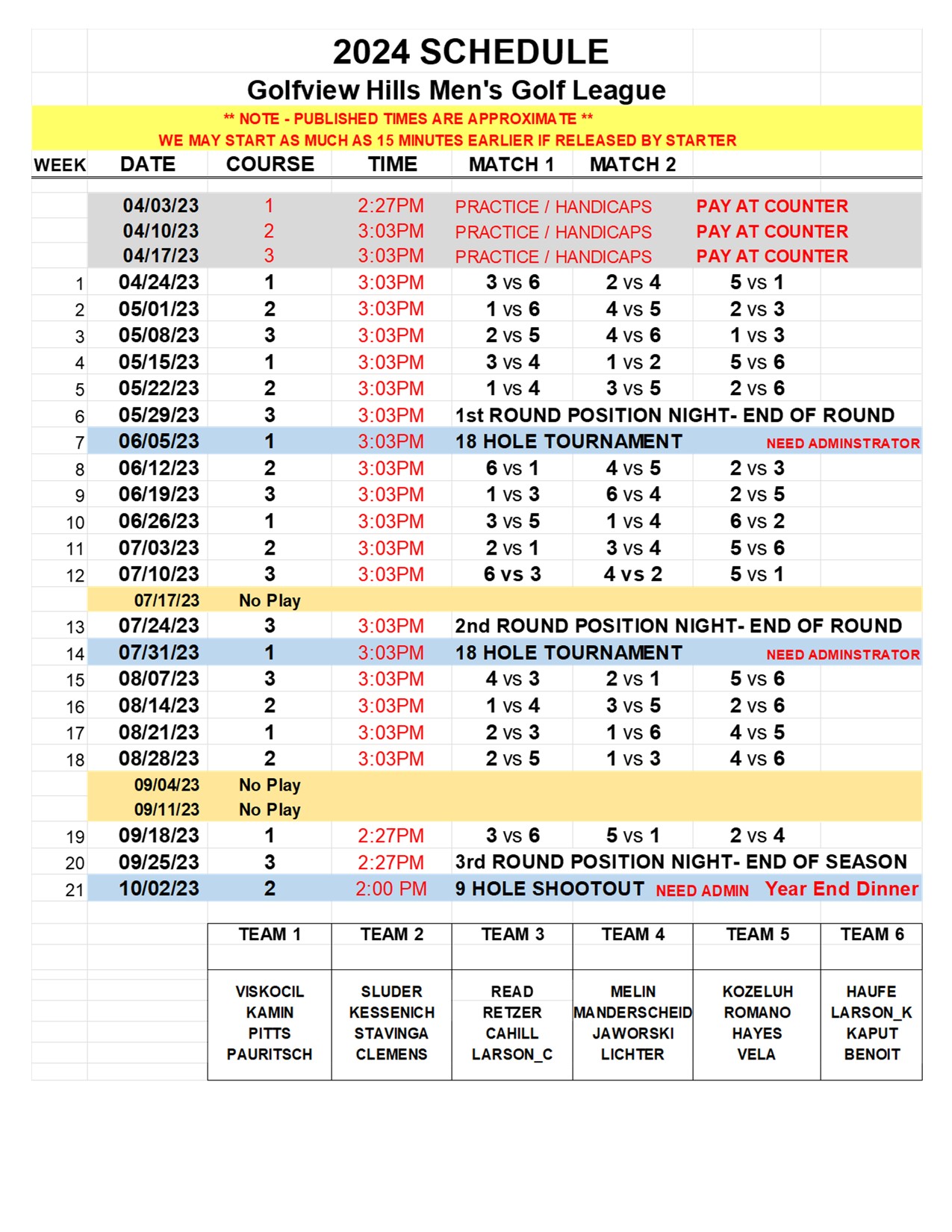 Schedule – Golfview Hills Men's Golf League